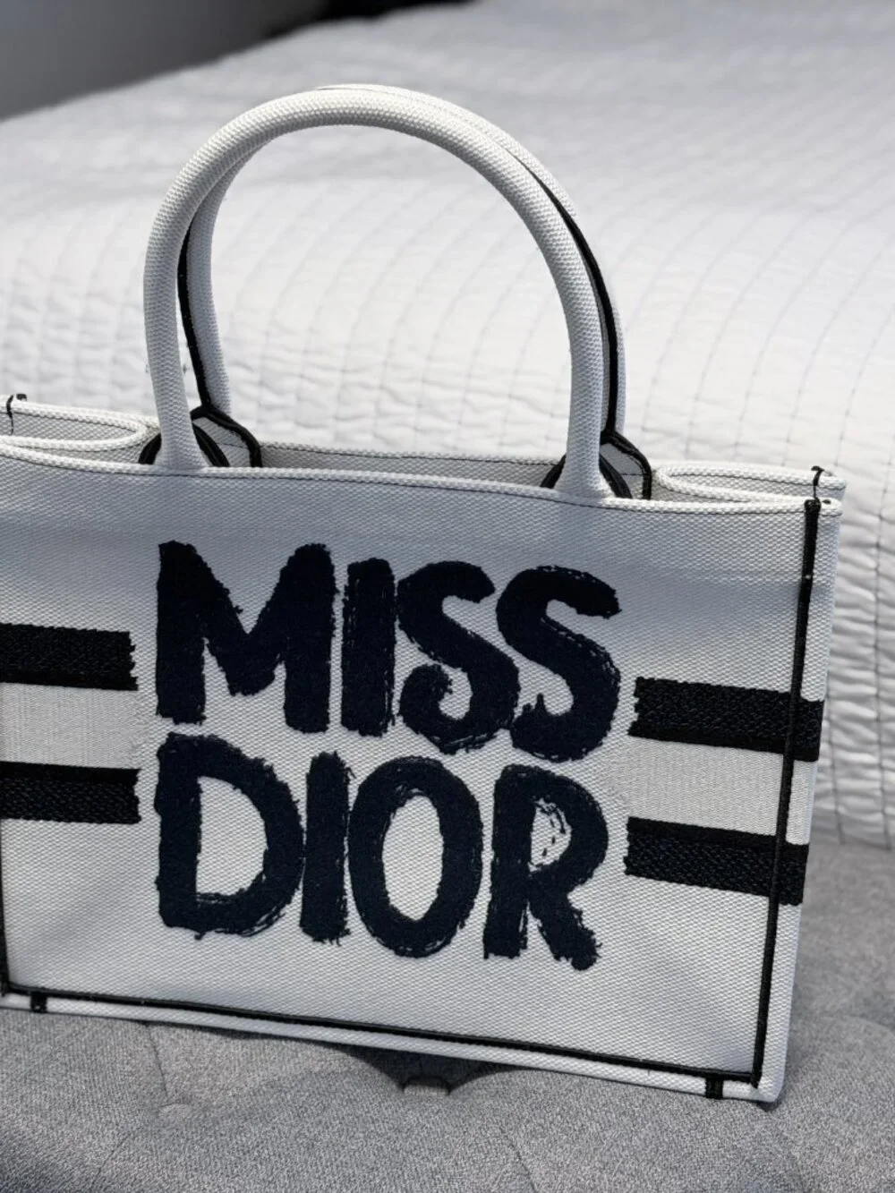 Dior | Bags | Christian Dior Miss Dior Canvas Tote Bag In White And ...